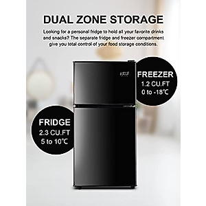 KRIB BLING Mini Fridge With Freezer,3.5 Cu. Ft Compact Refrigerator With 2 Doors,7- Level Adjustable Thermostat, Removable Glass Shelves For Bedroom, Office, Kitchen, Apartment, Dorm, Black