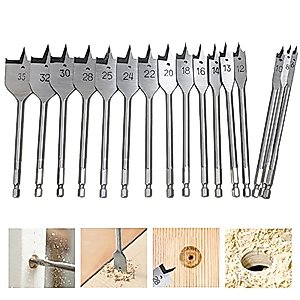 Woodworking Spade Drill Bits Set 16Pcs High Carbon Steel Hex Shank Paddle Flat Bits with Double Side Cutting Spurs Woodworker Hole Cutter Bits for Wood, Polyurethane Board, PVC Sizes 6/25~1-3/8IN