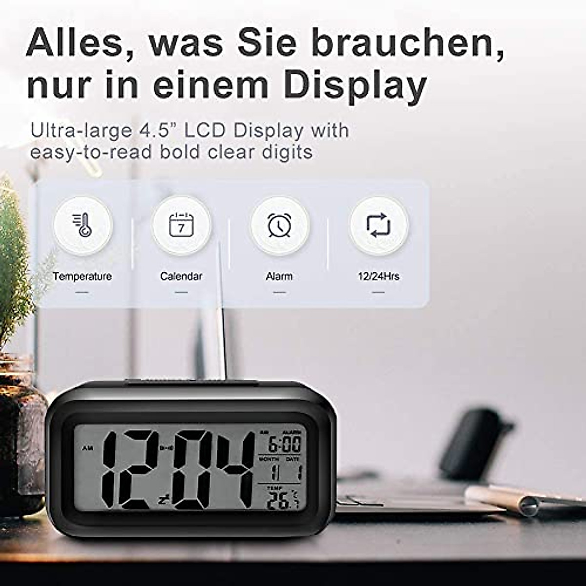 Lesipee Digital Alarm Clock, Clock for Bedroom, Desk Clock Battery Operated, Digital Clock with Smart Night Light 12/24H Display Snooze function for Heavy Sleepers