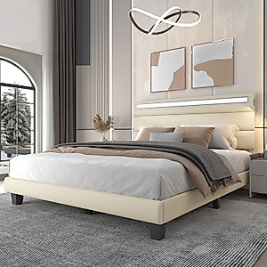 Kallabe King Size Bed Frame with LED Lights, Upholstered Bed Frame with Charging Station and Linen Fabric Tufted Headboard, Wood Slats Support, Noise-Free, Easy Assembly, No Box Spring Needed, Beige