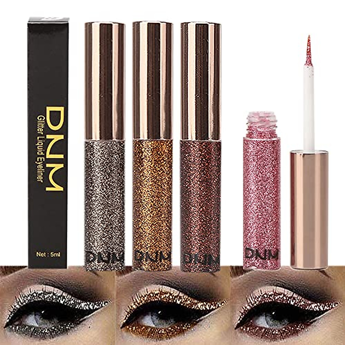 3 Colors Glitter Sparkle Sparkly Sparkling Eyeliner Liquid Makeup Set delineadores de colores, Liquid Glitter Eyeliner Colorful Set Star Gray, Sand Gold, Coffee Golden Shimmer 3Pcs/set(14,15,16#)