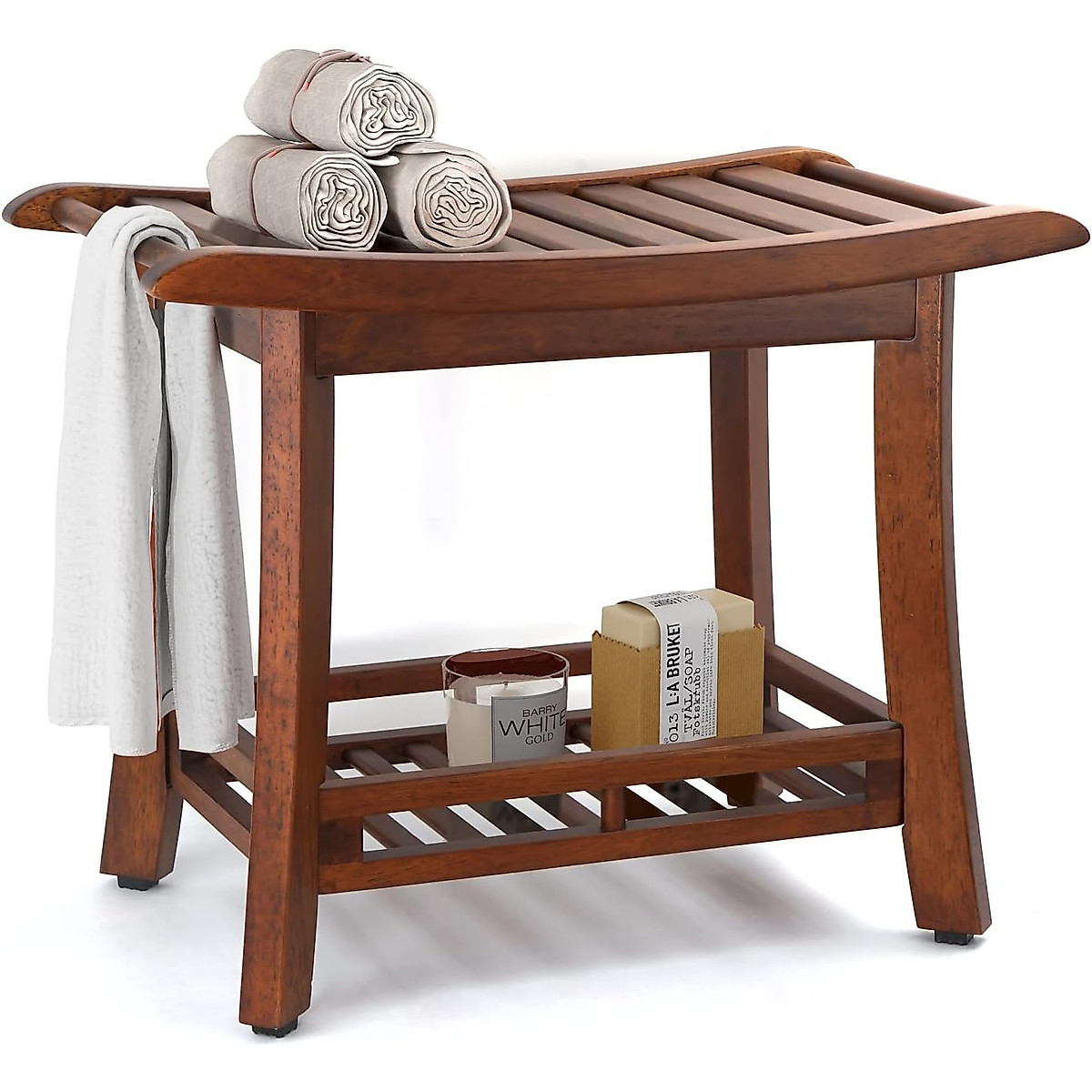 RANDEFURN 24“ Teak Shower Bench with Shelf,Teak Wood Shower Stool,Waterproof Wood Shower Chair for Elderly,2-Tier Wooden Shower Seat Spa Stool for Indoor and Outdoor Use.(24 x 13.4 x 18.3in, Brown)