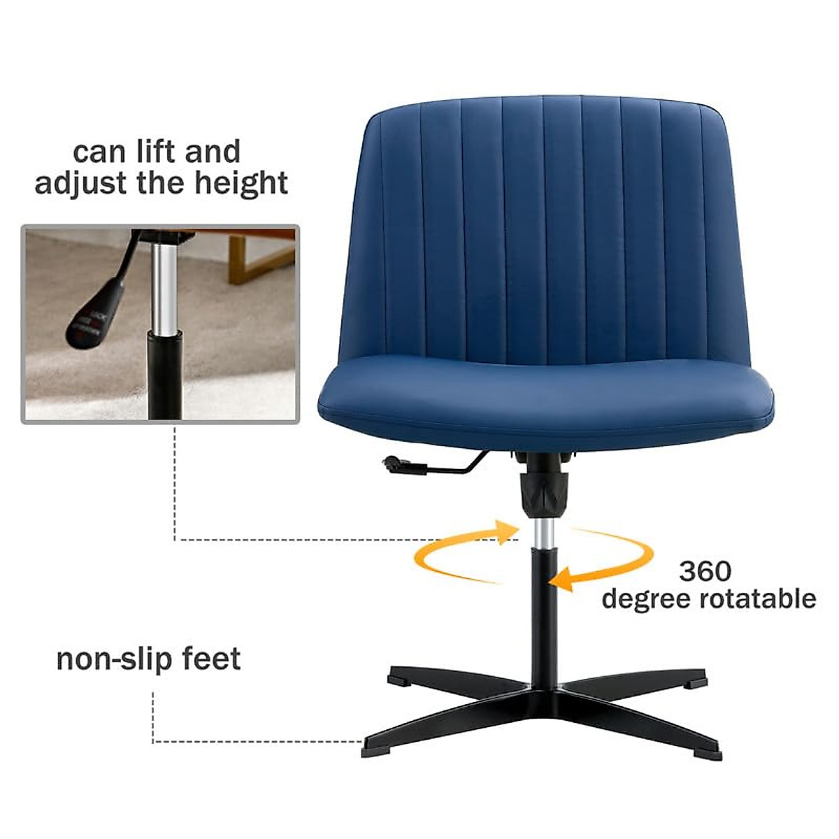 TURRIDU Criss Cross Chair No Wheels, Armless Office Chair with Wide Seat and Mid Back, Height Adjustable Swivel Cross Legged Office Chair Computer Vanity Chair for Home, Office, Small Space, Blue