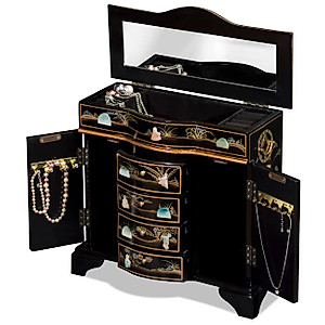 ChinaFurnitureOnline Wooden Oriental Jewelry Chest, Black Lacquer Chinoiserie with Pearl Maidens