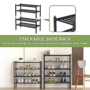 ROMGUAR CRAFT 5 Tier Bamboo Shoe Rack for Closet Free Standing Wood Shoe Shelf for Entryway Small Space Stackable 27"x11"x33" (Black)
