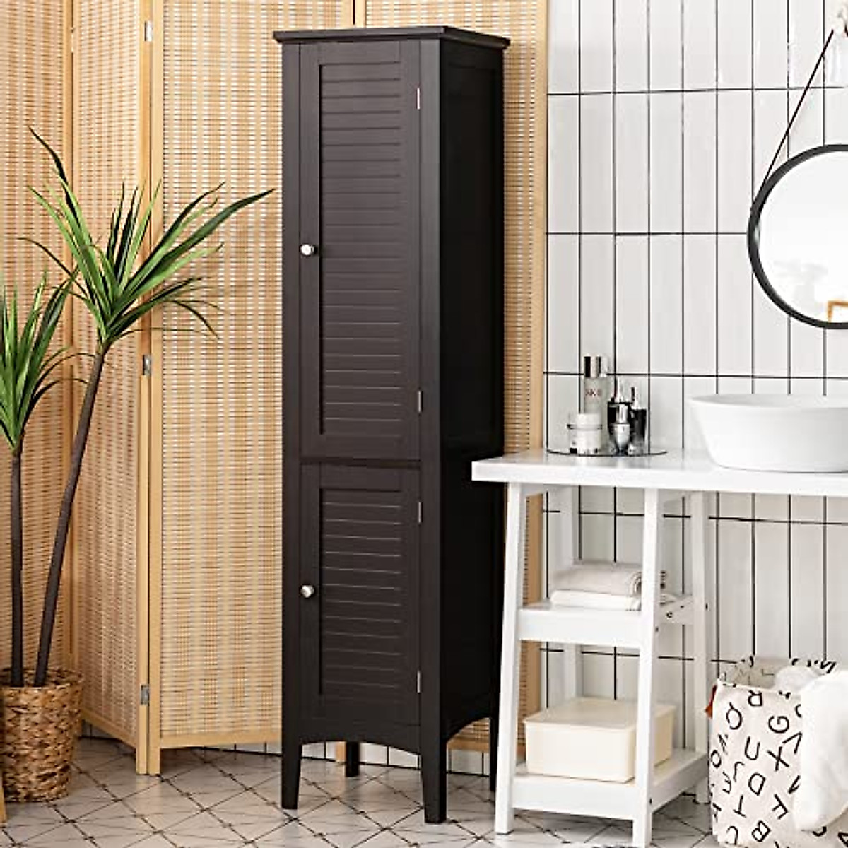 Giantex Storage Cabinet Bathroom High Cabinet with 5 Tier Shelves, Freestanding Slim Cabinet, Tall Organizer for Bathroom, Kitchen, Living Room, Bedroom Linen Tower Narrow Floor Cabinet (Dark Coffee)