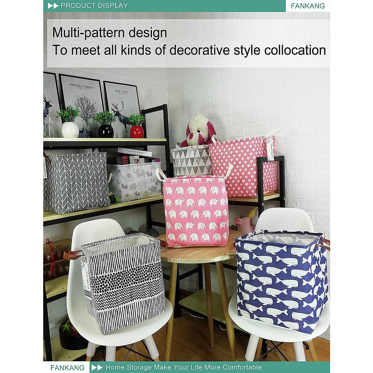 FANKANG Square Nursery Hamper Storage Bins Canvas Laundry Basket Foldable with Waterproof PE Coating Storage Baskets Gift Baskets for Children, Office, Bedroom, Clothes（Square-Black Lines ）