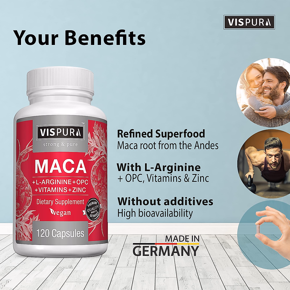 VISPURA Maca Root Capsules 5000 mg + L-Arginine, Vitamins B6 + B12, OPC and Zinc, Energy Boosting Formula* for Men and Women, 120 Vegan Tablets with Organic Maca Peruana Extract