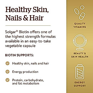 Solgar Biotin 10,000 mcg, 120 Vegetable Capsules - Energy, Metabolism, Promotes Healthy Skin, Nails & Hair - Super High Potency - Non-GMO, Vegan, Gluten, Dairy Free, Kosher - 120 Servings