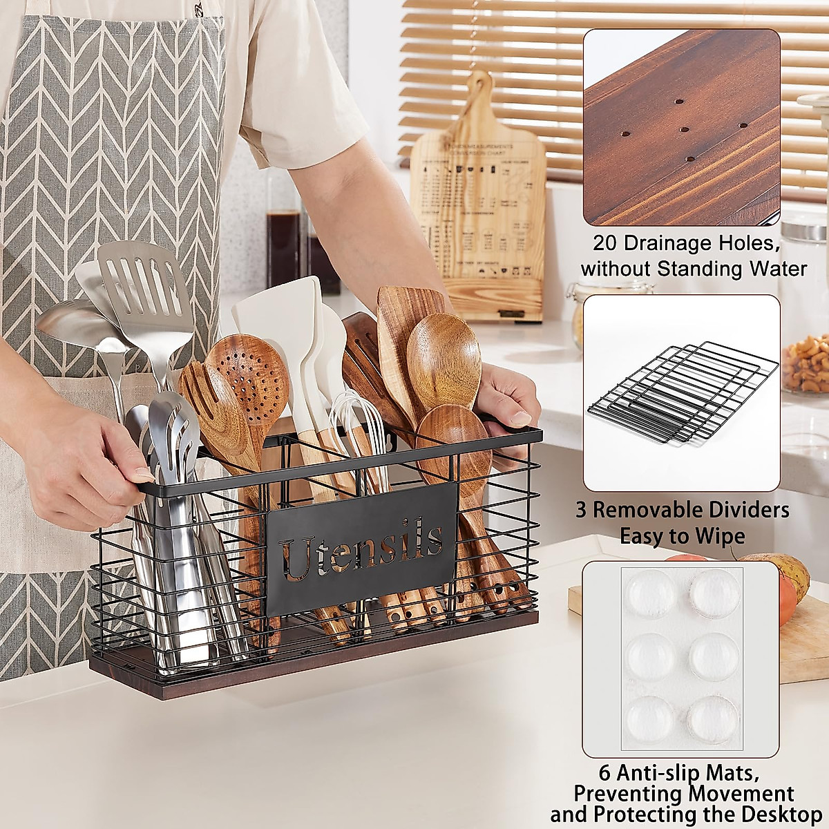 Yangbaga Utensil Holder for Kitchen Counter-Extra Large Kitchen Utensil Holder with 4 Compartments,Black Metal Cooking Utensil Organizer for Countertop ,Farmhouse Spatula Holder Caddy for Party