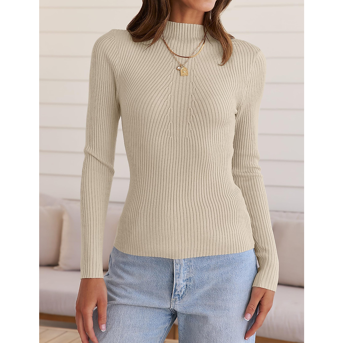 ZESICA Women's Fall Long Sleeve Turtleneck T Shirt Ribbed Knit Sweater Slim Fit Basic Casual Tee Tops,Almond,Medium