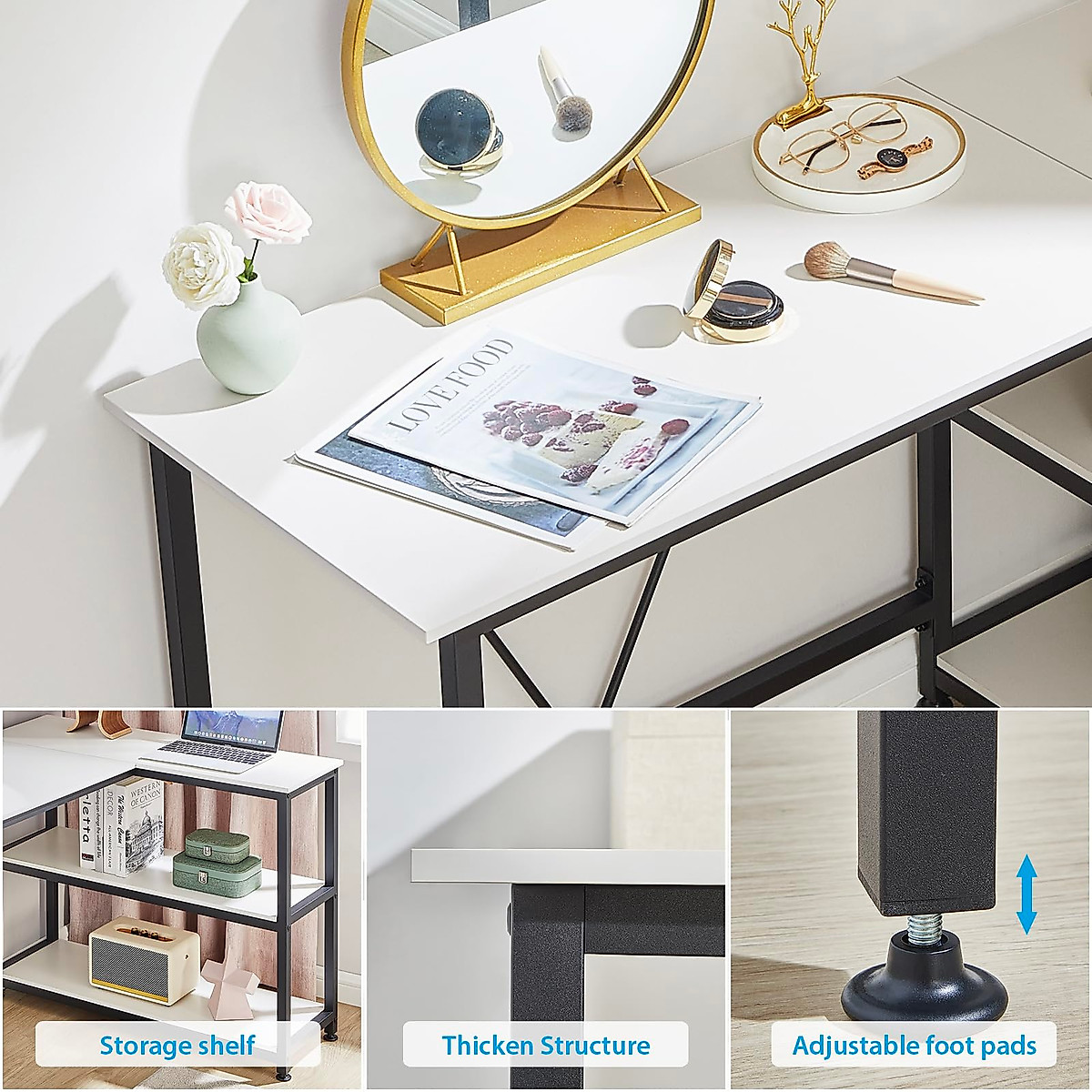 GreenForest Small L Shaped Desk 47 inch l Desk with Storage Shelf Writing Corner Computer Desk Saving Space for Home Office PC Workstation Laptop Table, White