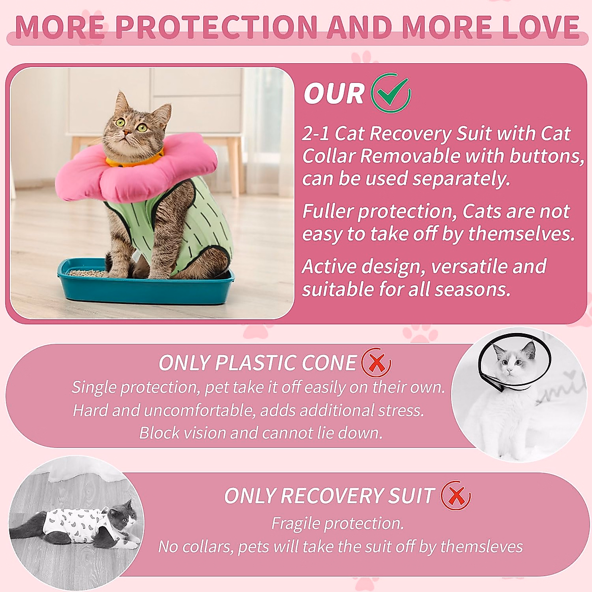 EMUST 2PCS Cat Recovery Suit and Cat Cone Collar Female, Cute Cat Surgical Suit for Abdominal Wounds or Skin Diseases, Adjustable Flower Neck Cat Cone Collar Soft for Cats 4-8lb(Green, M)