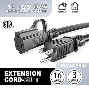 HUANCHAIN Indoor Outdoor Black Extension Cord 20 ft Waterproof, 16/3 Gauge Flexible Cold-Resistant Appliance Extension Cord Outside, 13A 1625W 16AWG SJTW, 3 Prong Heavy Duty Electric Cable, ETL