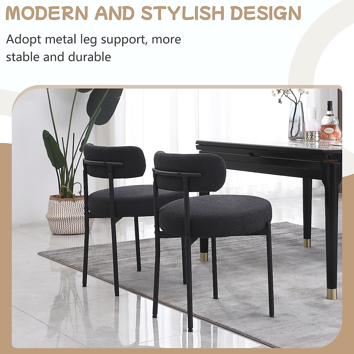 AISALL Black Dining Chairs Set of 2 Round Upholstered Boucle Dining Room Chairs Mid-Century Modern Kitchen Chairs Curved Backrest Chairs for Dining Room Black Metal Legs