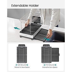 SONGMICS 2-Tier Small Dish Drying Rack, Expandable Dish Dryer for Kitchen Counter, Stainless Steel Dish Rack with Utensil Holder, Rustproof, for Dishes, Knives, Spoons, Forks, Silver Gray UKCS036G01