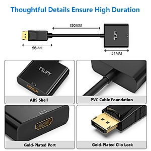 TSUPY 𝐃𝐢𝐬𝐩𝐥𝐚𝐲𝐏𝐨𝐫𝐭 to HDMI Adapter Converter 4K UHD, DP (Source) to HDMI (Monitor) Cable Gold Plated Converter Displaylink Cord Compatible for PC, Projector, HDTV and More Display Devices