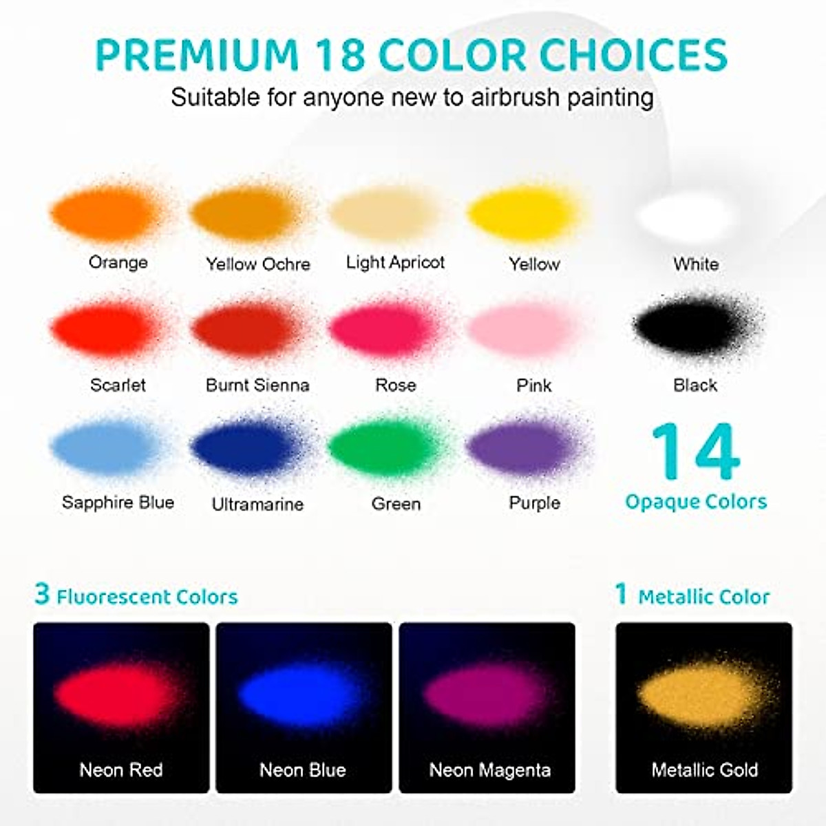 UPGREY Airbrush Paint, 18 Color Airbrush Paint Set, Opaque & Neon Colors, Water Based Acrylic Airbrush Paint Kit for Artists, Painting on Canvas, Wood (18 Colors (30 ml/1 oz))