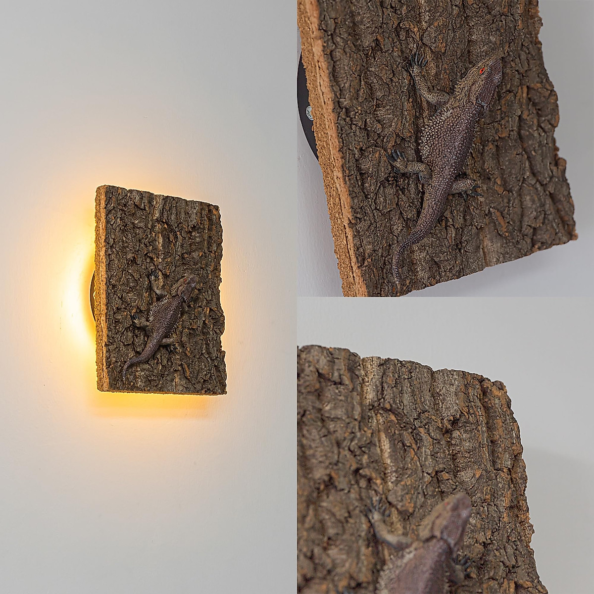 SKIVTGLAMP Bark and Cork Board Wall Sconce Rechargeable Battery Operated LED PIP Motion IR Sensor Wall Lamp, No Drilling Cordless Farmhouse for Rustic Backlight Leaning Customizable, Lizard