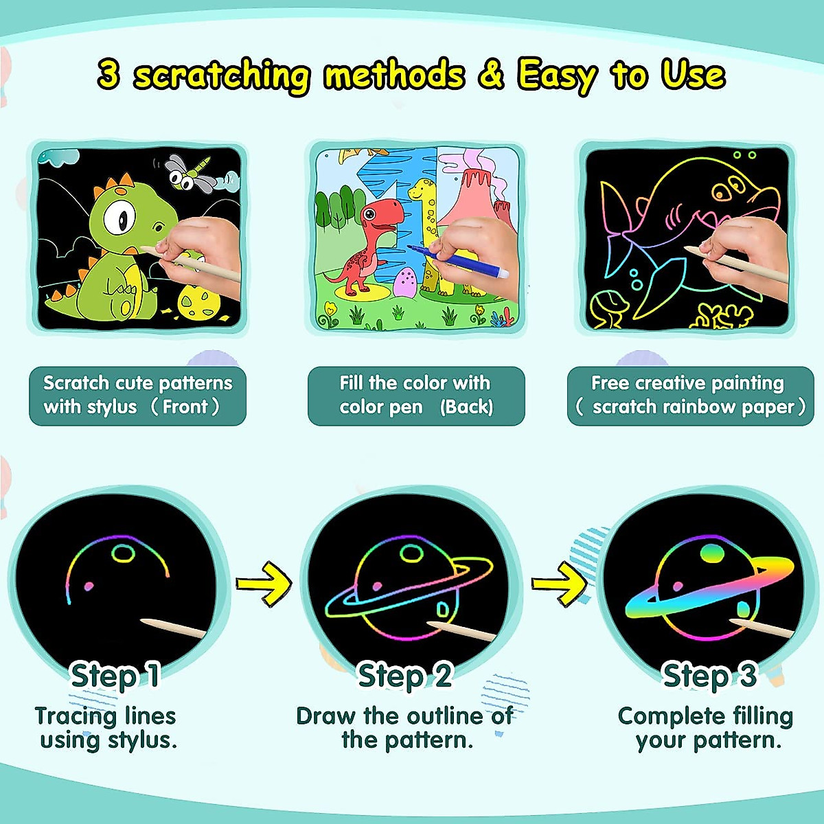 pigipigi Rainbow Scratch Set for Boys: 2 Style Scratch Paper Art Doodle Project Kits Color Crafts Art Supplies DIY Boards Best Birthday Christmas for Children 3 4 5 6 7 8 9 10 11 12 Years Old