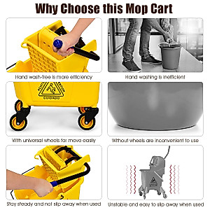 S AFSTAR 24L/26 Quart Commercial Mop Bucket with Wringer, Household Mop Bucket with Wheels & Potable Handle, Industrial Mop Wringer Bucket for Home Office Market Restaurant Hotel (Yellow)
