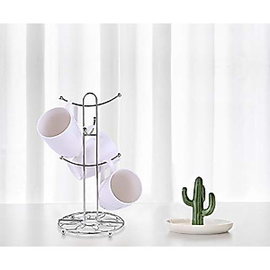 Buruis Mug Rack Tree, Decorative Flower Pattern Base Metal Mug Holder, Kitchen Coffee Mug Tree Countertop Tea Cups Holder Stand, Coffee Cup Dryer with 6 Hooks (Silver)