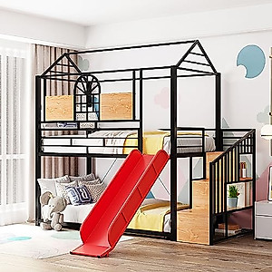BOVZA House Bunk Bed with Slide and Stairs, Twin Over Twin Metal Bunk Beds Frame with Roof and Storage Staircase for Kids Boys Girls Teens, Black+Red
