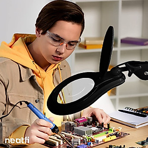 Neatfi (New Model) 1,200 Lumens Super LED Magnifying Lamp with Clamp, 8D, Dimmable, Includes Microfiber Cleaning Cloth, 5 Inch Diameter Lens for Reading, Sewing, Crafting (8 Diopter, Black)