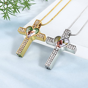 Fanery Sue Cremation Jewelry for Ashes, Personalized Hip Pop Necklace for Ashes of loved one with Memorial Photo and Text, Urn Necklace for Ashes for Men/Women(Gold-Heart-shaped)