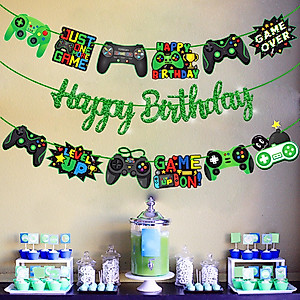 Video Game Birthday Banners Gamer Birthday Party Decorations 3Pcs Game on Party Decorations Gaming Happy Birthday Banner Green for Game Theme Baby Shower Supplies