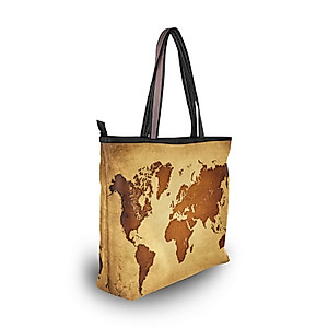 Tote Bag Retro Paper World Map Print, Large Capacity Zipper Women Grocery Bags Purse for Daily Life 2 Sizes