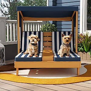 Costzon Kids Lounge Chair Outdoor, Wood Double Seat Chaise Lounge with Canopy, Cup Holders, Cushion, Backrest Recliner, Kids Patio Furniture, Gift for Boys Girls 3-8 Years Old