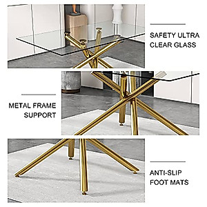 63 inch Glass Dining Table with Clear Rectangular Glass Top, 4 Chrome Golden Legs Modern Rectangular Glass Kitchen Table Furniture for Home Office Kitchen Dining Room, 4-6 People