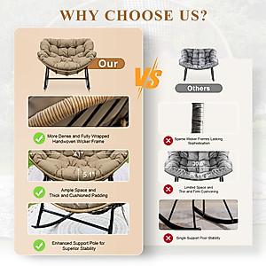 Papasan Rocking Chair Set of 2,Outdoor Indoor 450 lbs large Size Wicker Rattan Papasan Recliner Chair with Padded Cushion,Patio Lounge Rocker Chairs for Balcony Porch Garden Living Room (Brown)