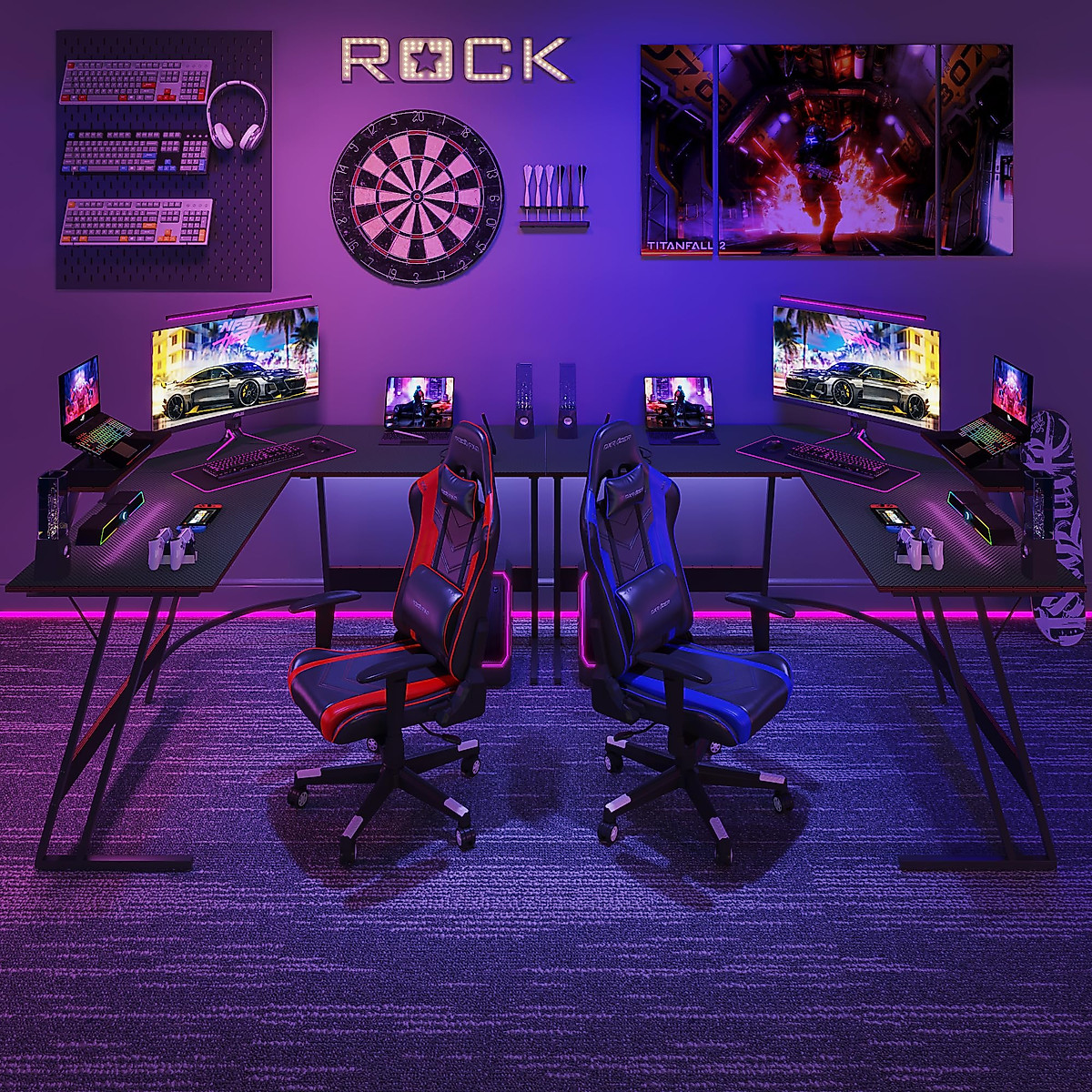 GUNJI 51” Gaming Desk L-Shaped Computer Corner Desk Modern PC Game Table with Monitor Stand for Home Office Sturdy Writing Workstation (Black)