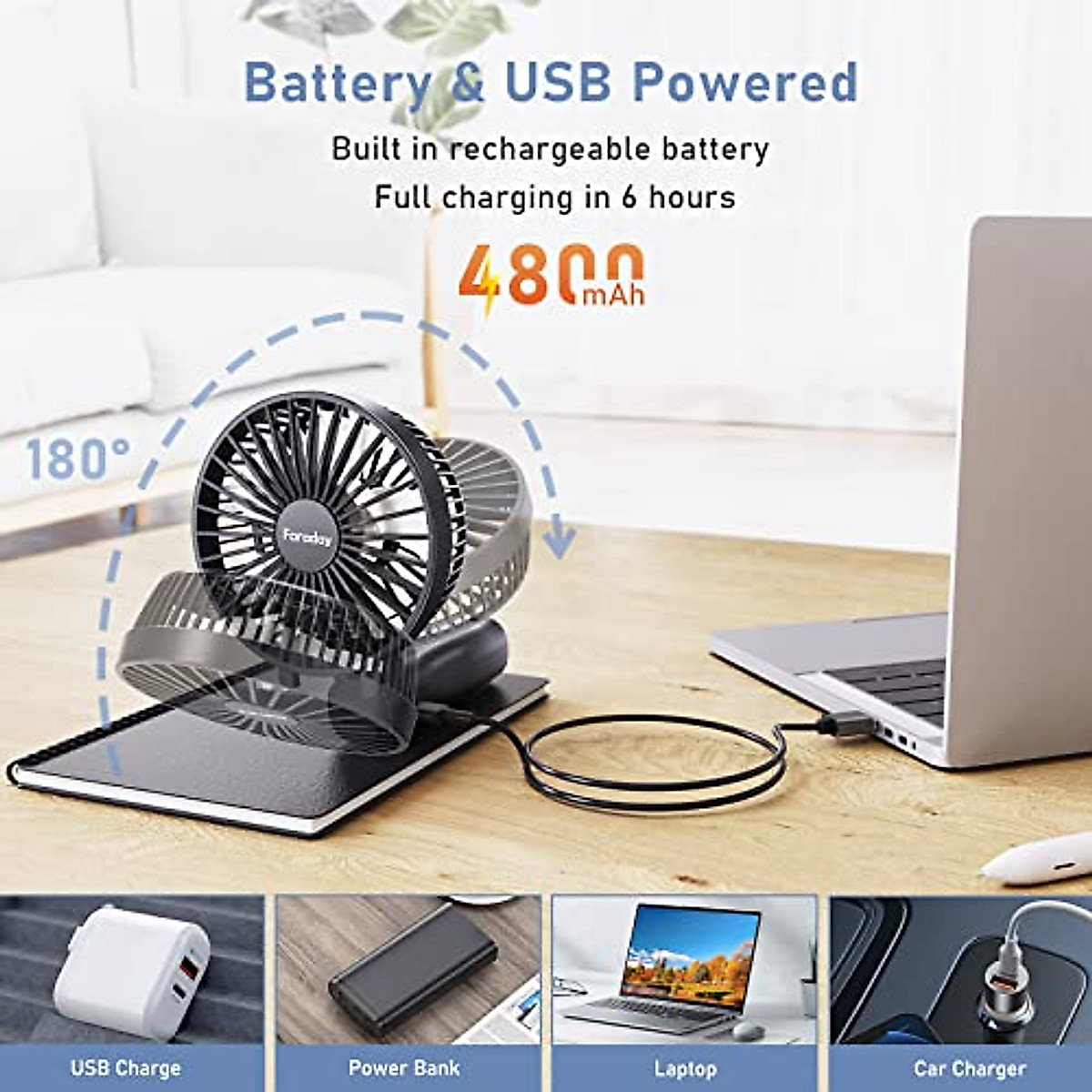 FARADAY Personal Hand Held Fan 4800mAh Travel Cooling Fan Powerful Small Portable Fans Rechargeable Battery Operated Desktop Table Fan for Traveling Hiking, 3 Speed, 6-21 Hours,Black