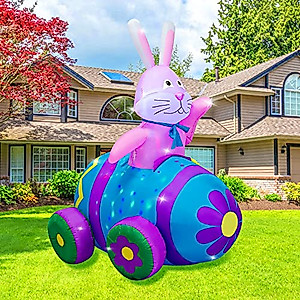 AJY 4Ft Happy Easter Bunny Driving Car Inflatable Blow Up Indoor Outdoor Yard Lawn Decoration
