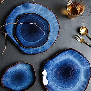 KOWMcp Dinner Plates Deep Blue Ceramic Plates Irregular Flat Plate Pottery Dish Household Decoration Tableware Dinnerware Tray Hotel Kitchen Supplies
