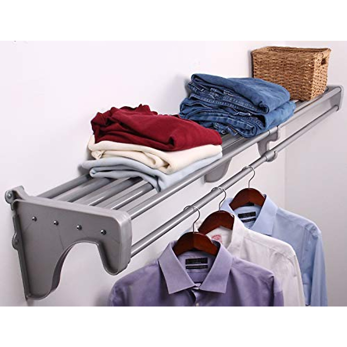 EZ Shelf - Walk in Closet System - 5 Pack - Expandable Closet Shelf with Hanging Rod (Each 40.5–73”) - with 4 End Brackets - Silver - Strong - Easy to Install – Alternative to Wire Closet Shelving