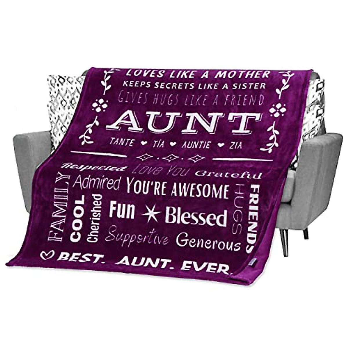 FILO ESTILO Mothers Day Gifts for Aunt from Niece or Nephew, Aunt Throw Blanket, Presents for Aunts for Birthday or Thank You Gift for Auntie, Tia Gifts 60x50 Inches (Purple, Fleece)