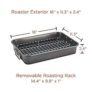 Farberware Bakeware Nonstick Steel Roaster with Flat Rack, 11-Inch x 15-Inch, Gray
