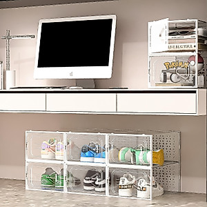 Ancofoo X-Large Shoe Storage Organizer Boxes, Clear Shoe Boxes Stackable Shoe Organizer for Closet, Shoe Containers Bins with Lids, Space Saving for Entryway, White, 12 Pack, Fit Size 11