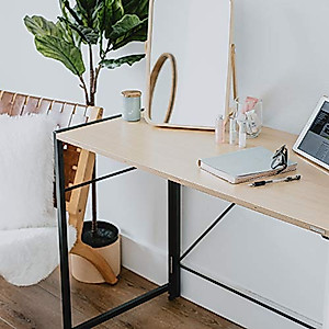 SOFSYS Modern Folding Computer Writing Desk for Small Space, Gaming, and Home Office Organization, Foldable Industrial Metal Frame with Sturdy Desktop for Students or Small Business, Oak/Black