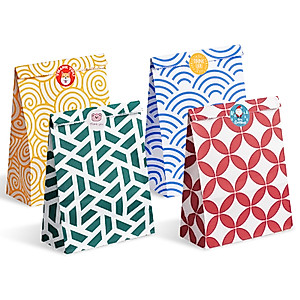 Parmedu Assorted Color Paper Bag Set: 48pcs Gift Bags in Optimal Size 6.7 * 3.2 * 9.4 Inches with 48 Stickers, Food Grade Take-out Bags for Christmas, Festivals, Birthdays, Parties, Weddings etc.