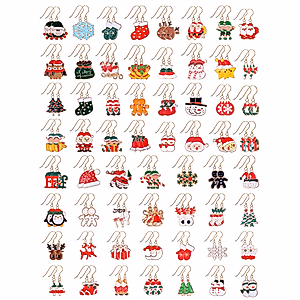 Siifert 60 Pairs Christmas Earrings Sets Cute Snowman Santa Claus Christmas Tree Drop Earrings Set for Women Girls Holiday Party Decorations