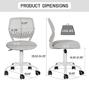 FurnitureR Desk Chair Armless, Study Computer Chair Adjustable Swivel for Student Children Kids, Comfy Cute Home Office Chair Fabric Seating Cushion and Plastic Low-Back with Rolling Wheels, Grey