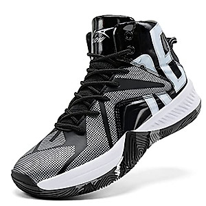 ASHION Little Big Youth Kids Basketball Shoes Boys High-Top Sneakers Girls Outdoor Sports Shoes Black Silver,4 Big Kid