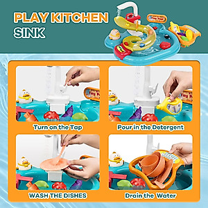 Kids Kitchen Sink Toy Set with Running Water,3-in-1 Toddler Kitchen Toys with Upgraded Electric Faucet,Fishing Set,Tracks,Pretend Play Kitchen Cleaning Set Dishwasher Role Play Toy