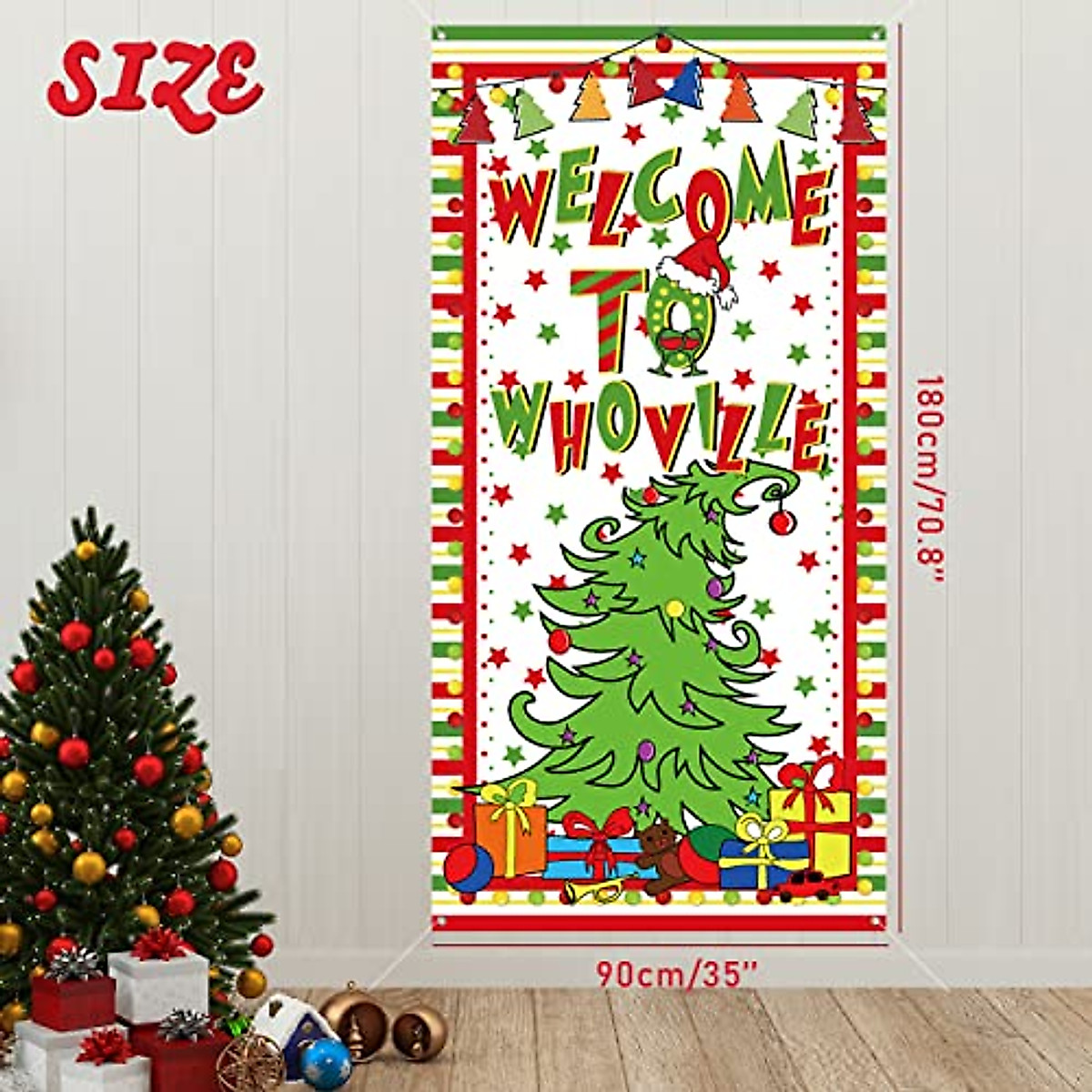 Whoville Christmas Door Cover for Christmas Party Decorations, Wellcome To Whoville Christmas Sign Backdrop Xmas Door Hanging Banner for Christmas Eve Holiday Party Supplies
