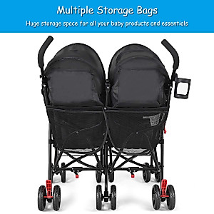 HOMGX Double Stroller, Light-Weight Travel Foldable Design, Twin Umbrella Stroller with 5-Point Harness and Cup Holder, Sun Canopy for Baby, Toddlers (Black), 18 pounds